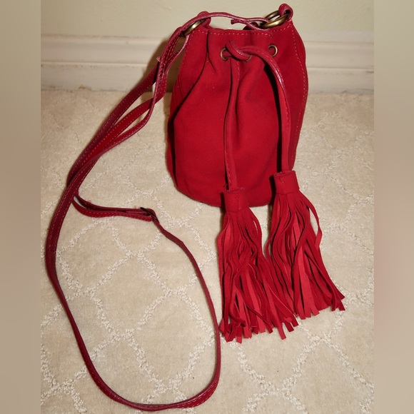 Jigsaw | Bags | Jigsaw Red Suede Leather Crossbody Bucket Bag W Brass ...